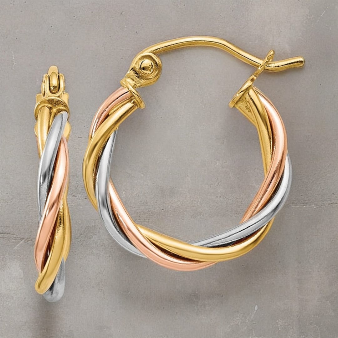 14K Tri-color Gold Hoop Earrings Twisted Texture for Women Gift Box ...