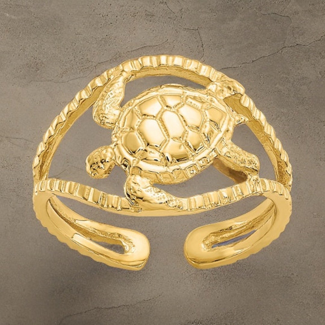 14k Yellow Gold Solid Turtle Toe Ring 3mm Band Sea Turtle Gift Box ...