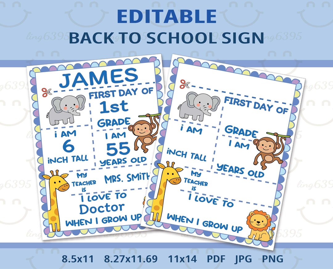 Editable First Day of School Sign Pre-k to 5th Grade – Cute Animal ...