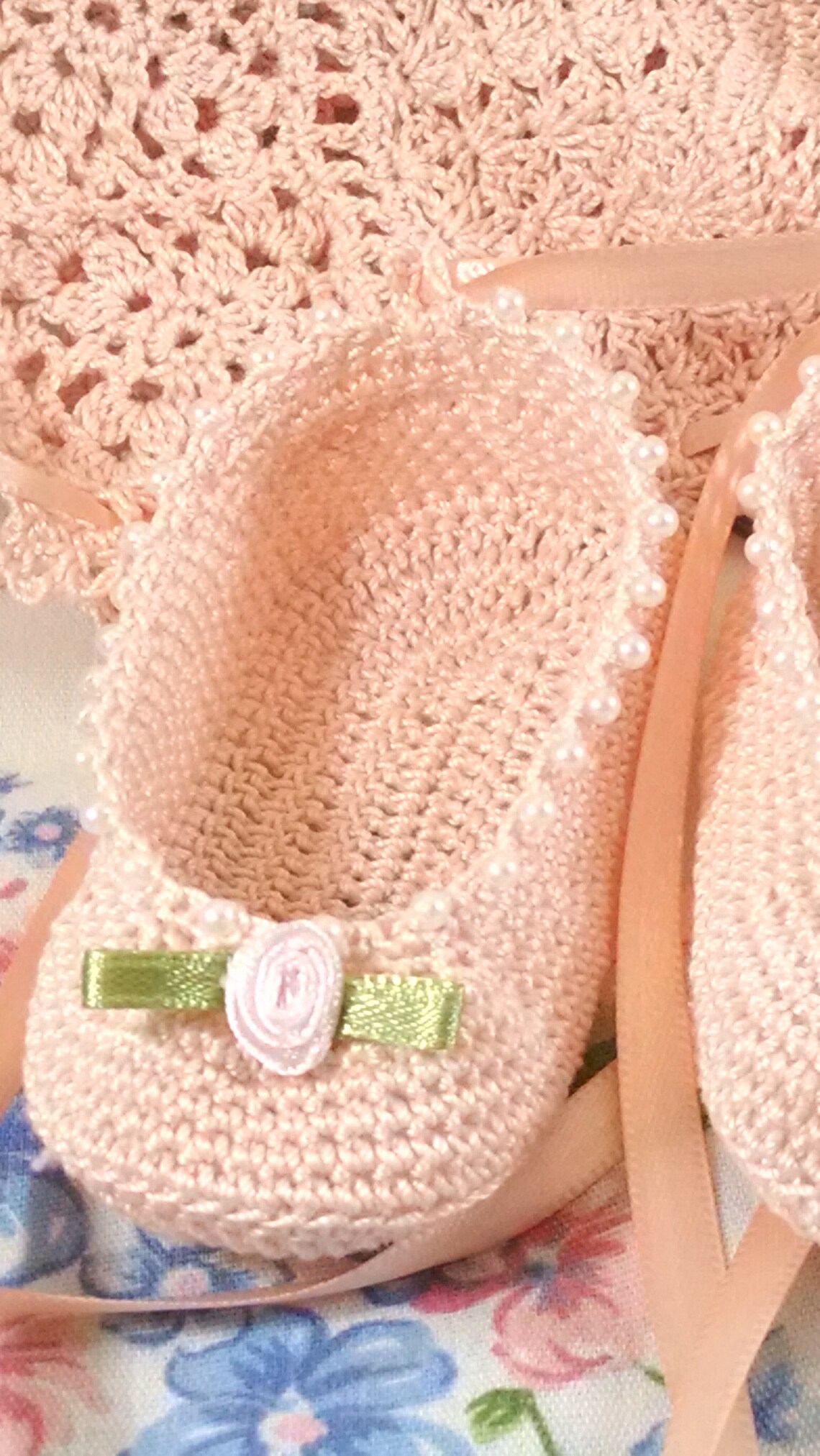 Peach Traditional Bonnet and Baby Ballet Slippers Set Thread Crochet ...