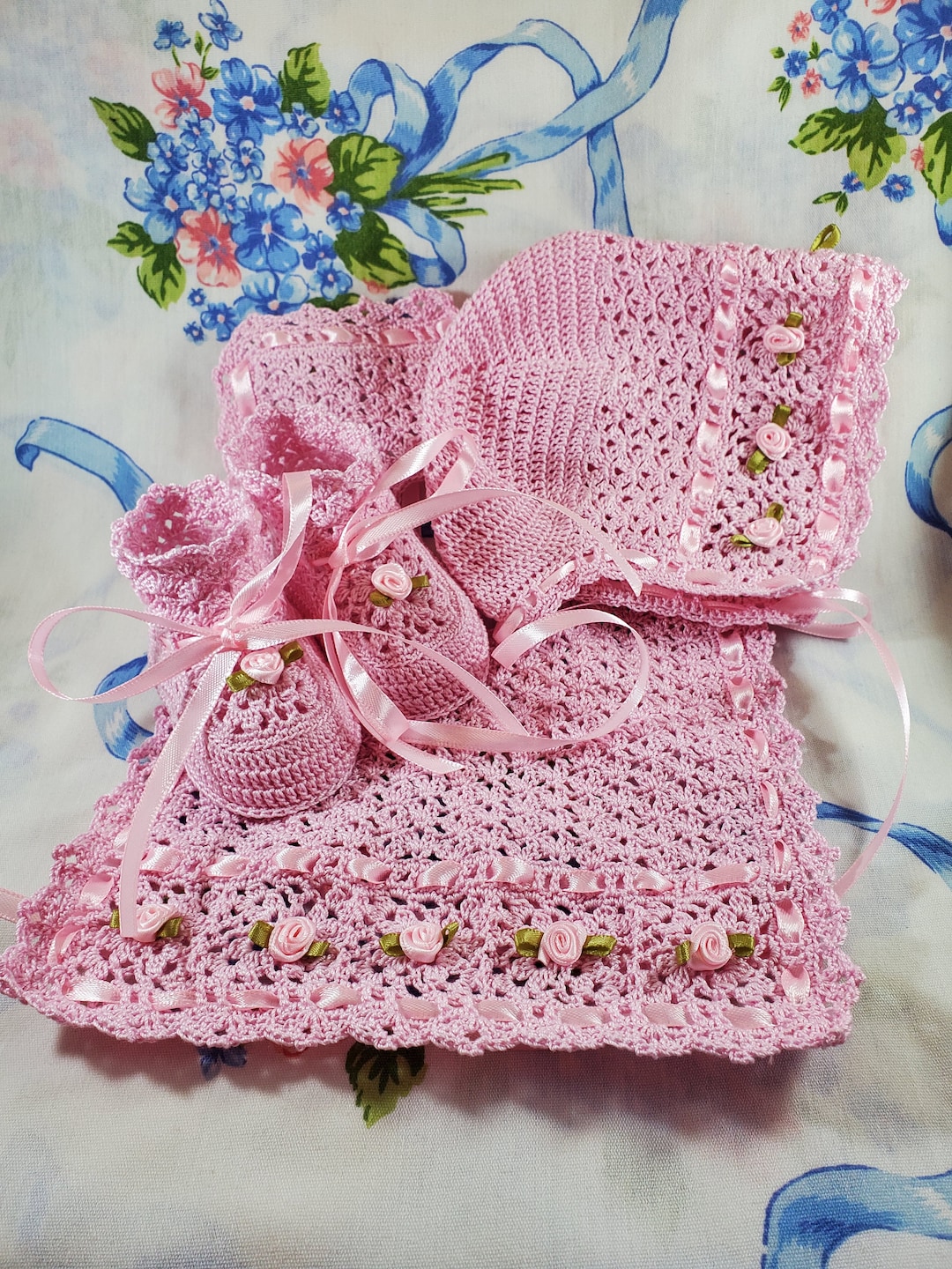 Classic Bonnet Booties & Bib Set Baby Girl 0-3 Months Pink Cotton ...