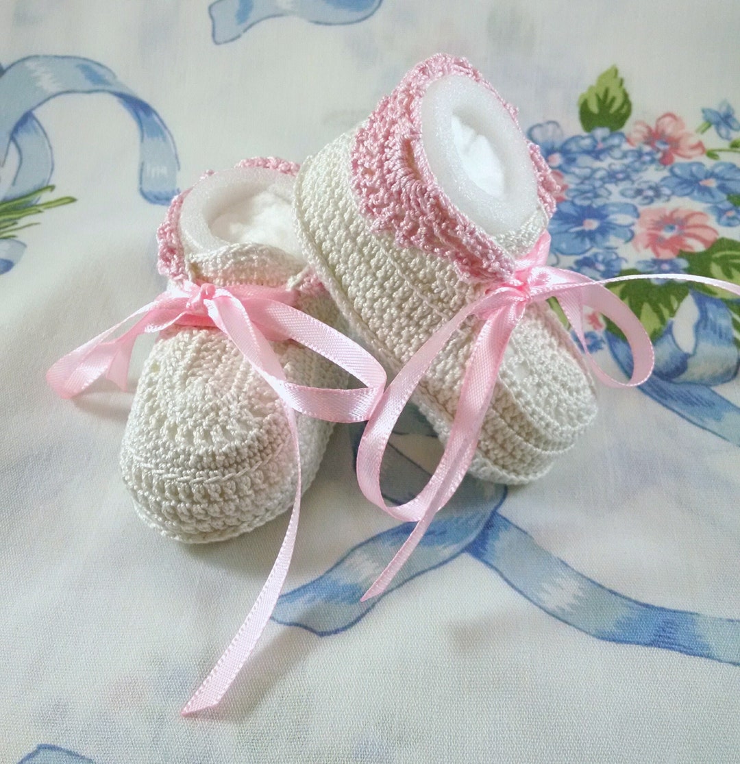 Antique White Thread Crochet Lace up Baby Shoes With Pink Fold Over ...
