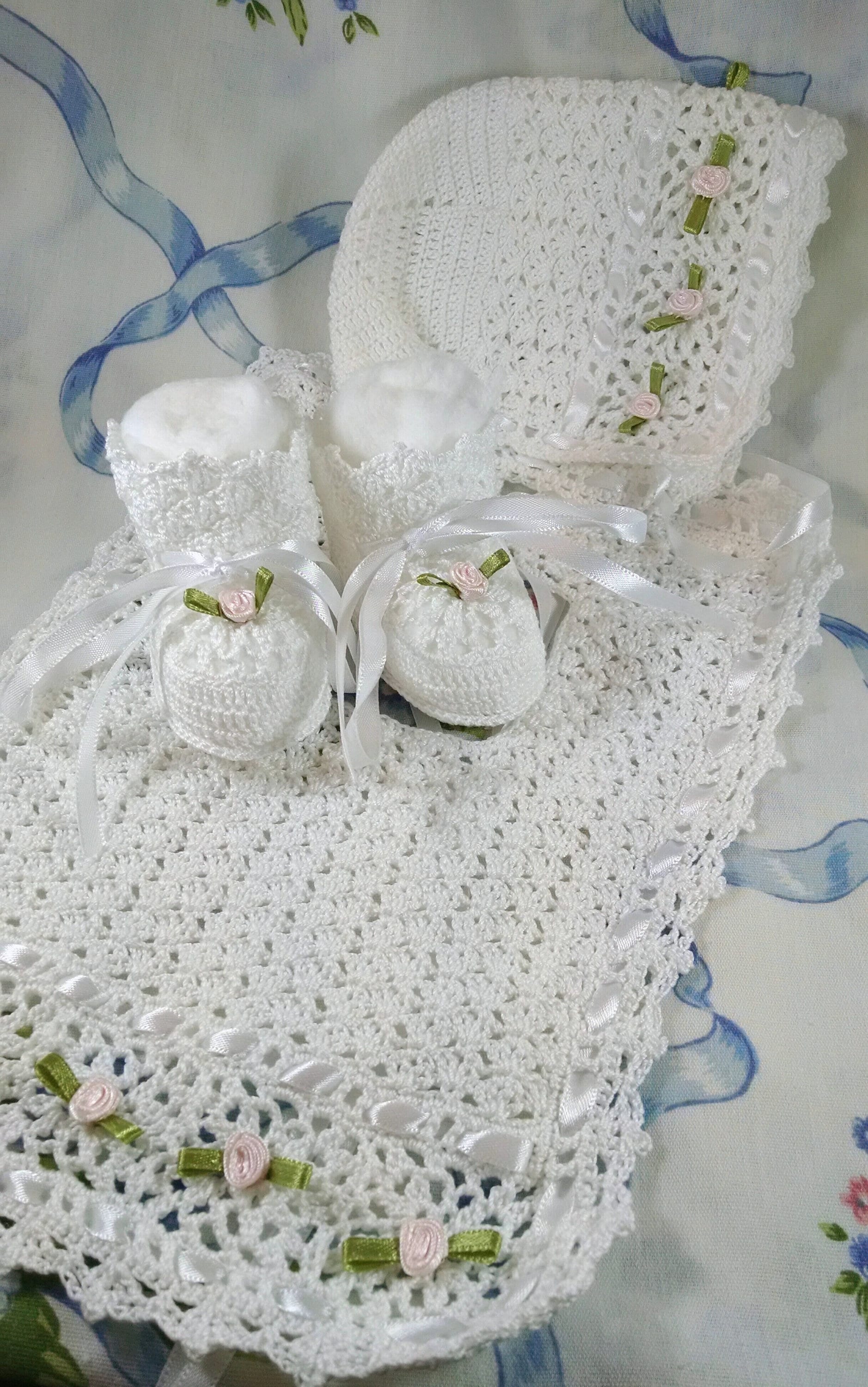 Classic Bonnet Booties & Bib Set Baby Girl 0-3 Months Cotton Thread ...
