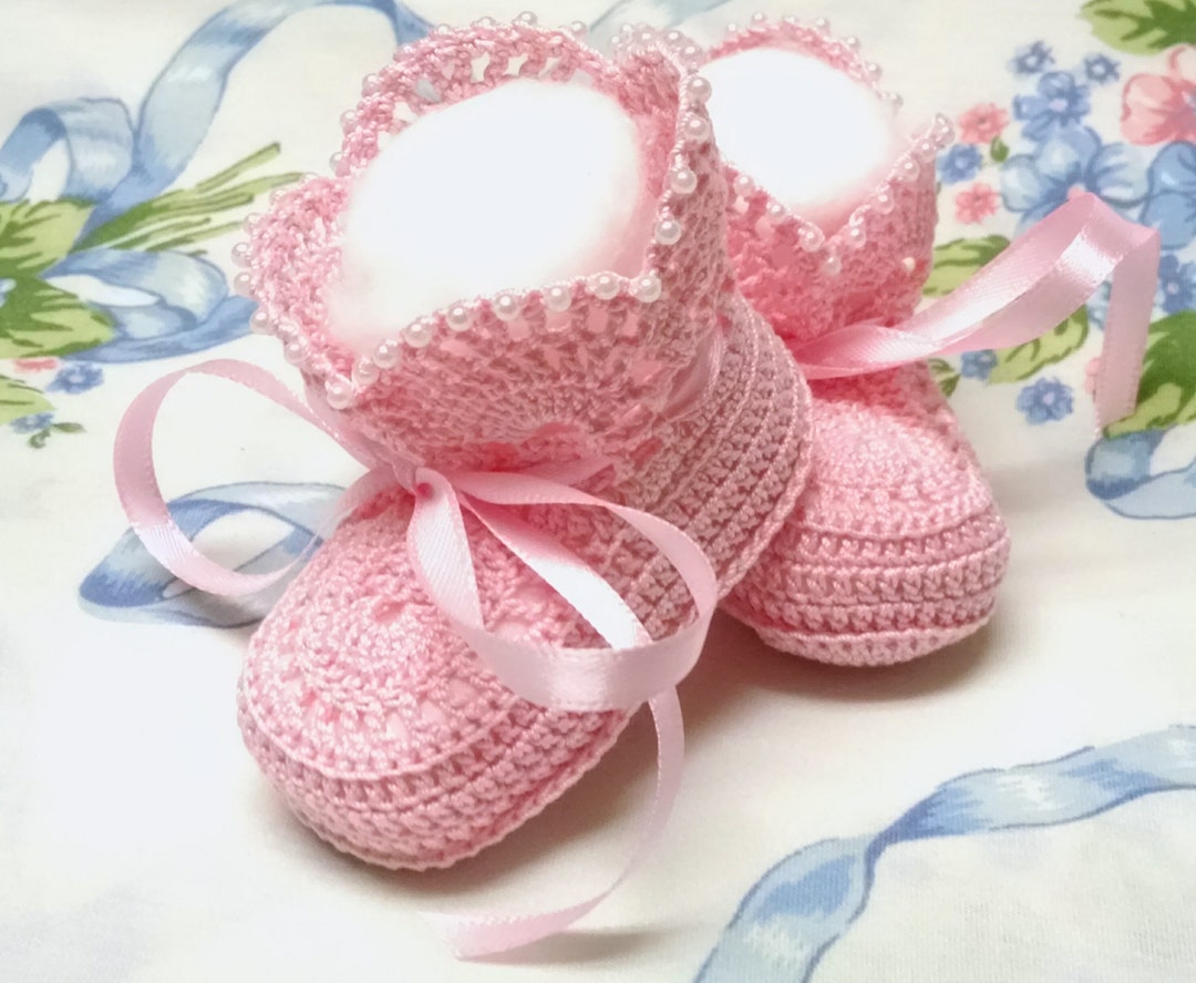Pink Victorian Pearl Ruffle Baby Booties With Pink Ribbon 0-3 Months ...