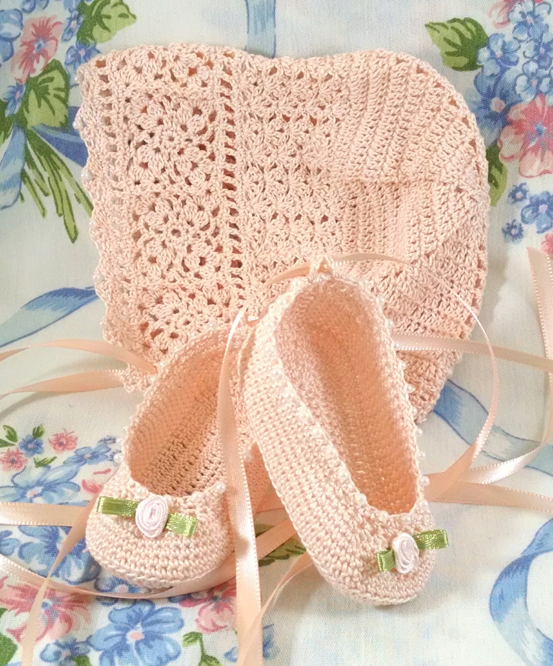 Peach Traditional Bonnet and Baby Ballet Slippers Set Thread Crochet ...