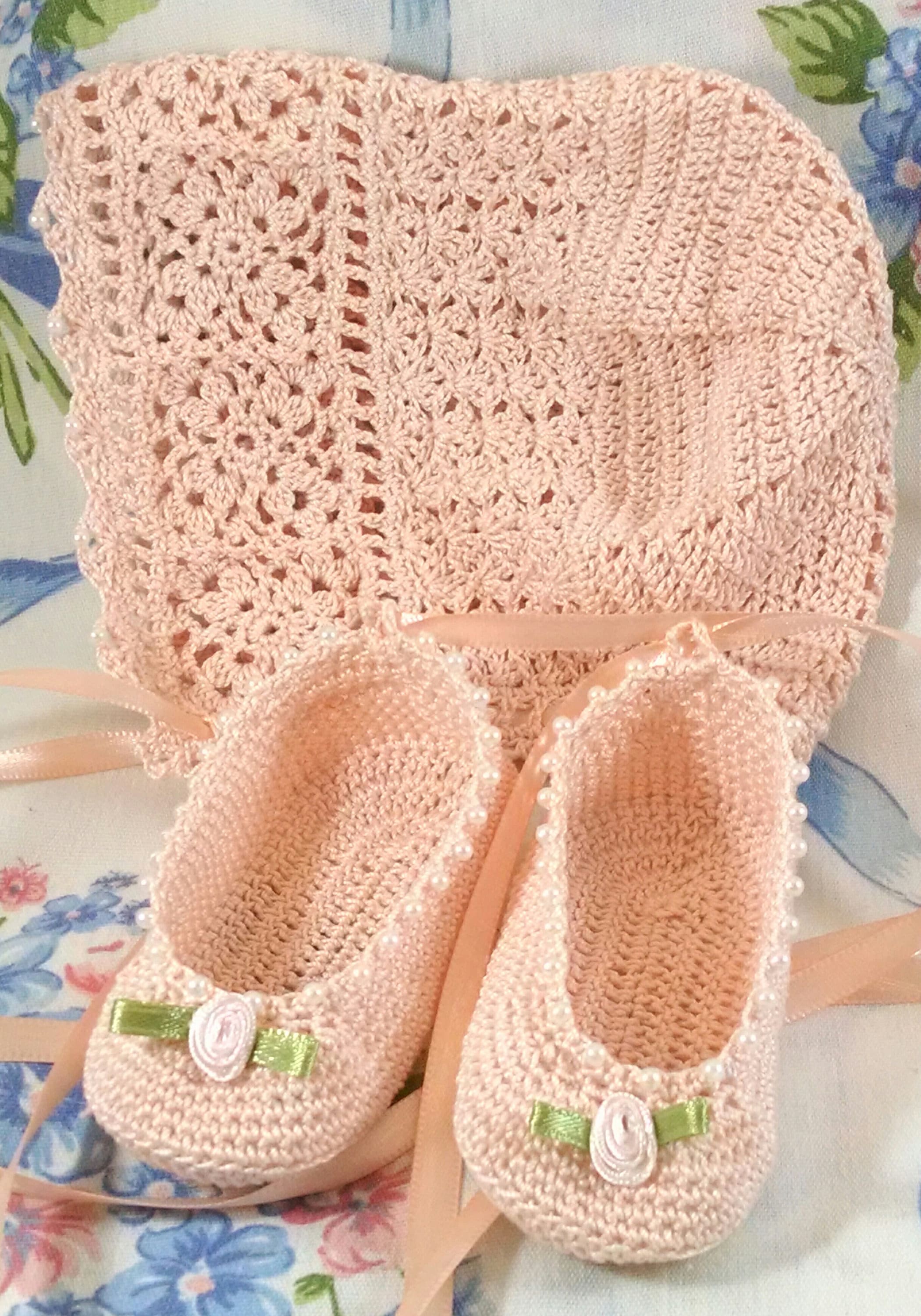 Peach Traditional Bonnet and Baby Ballet Slippers Set Thread Crochet ...