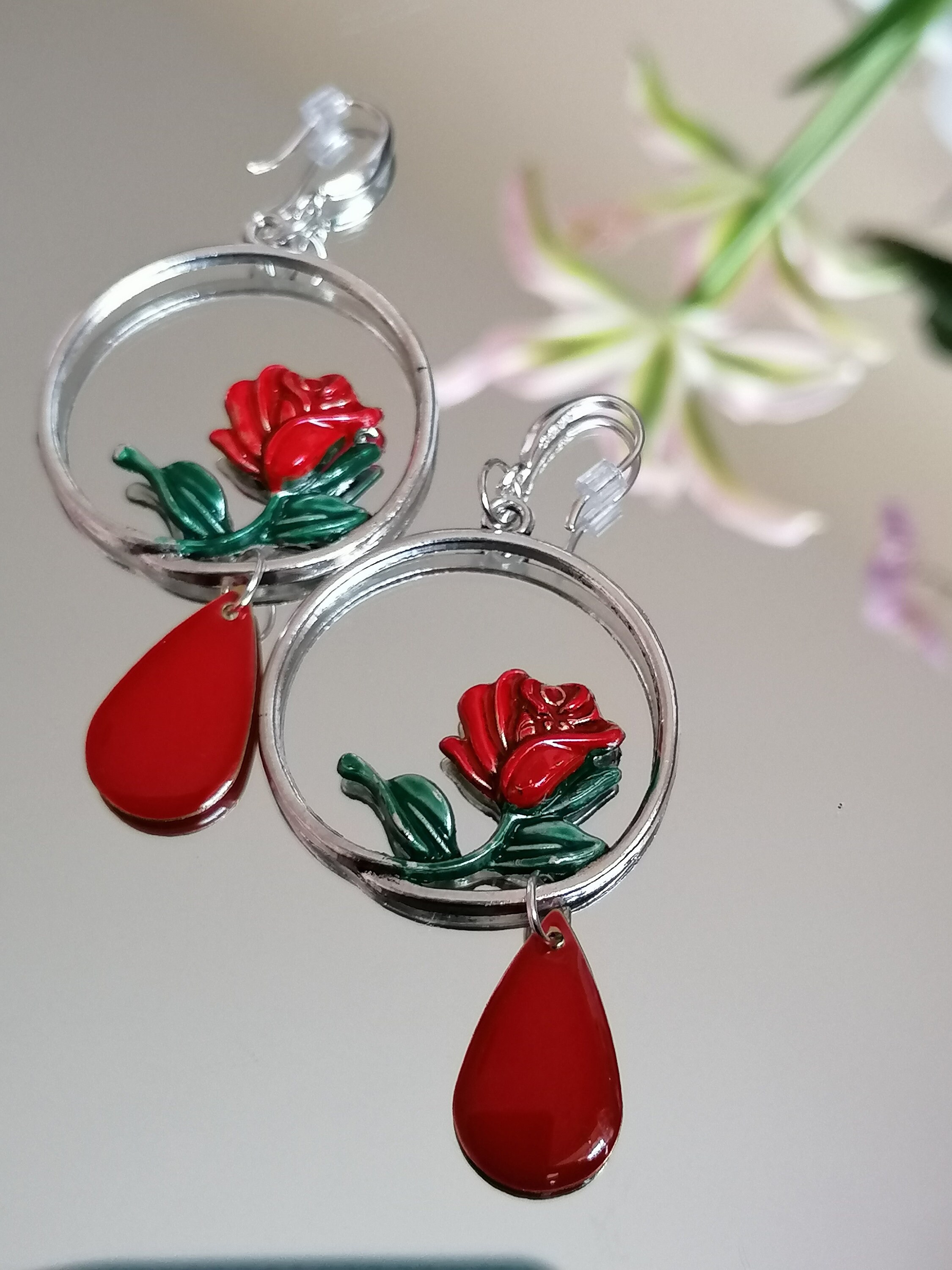 Red Rose Hoop Earrings, Enamel Teardrop Earrings, Big Flower Earrings ...