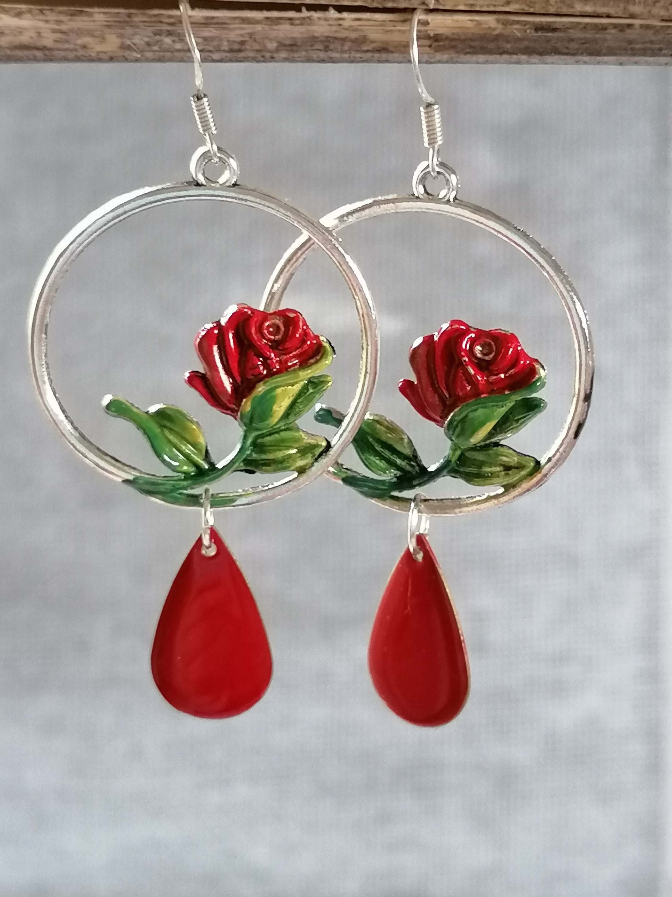 Red Rose Hoop Earrings, Enamel Teardrop Earrings, Big Flower Earrings ...