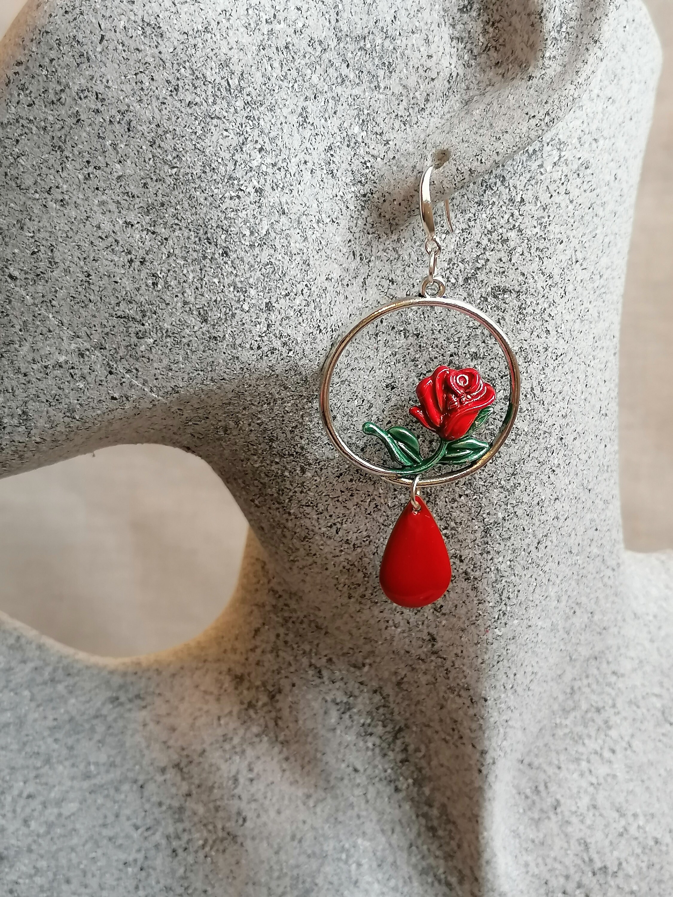 Red rose hoop earrings Enamel teardrop earrings | Etsy