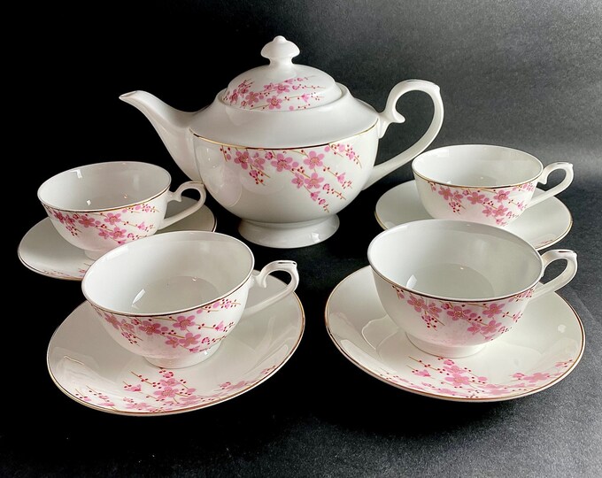 Teavana Sakura Petals Teapot and 4 Cups and Saucers Cherry Blossom Red ...