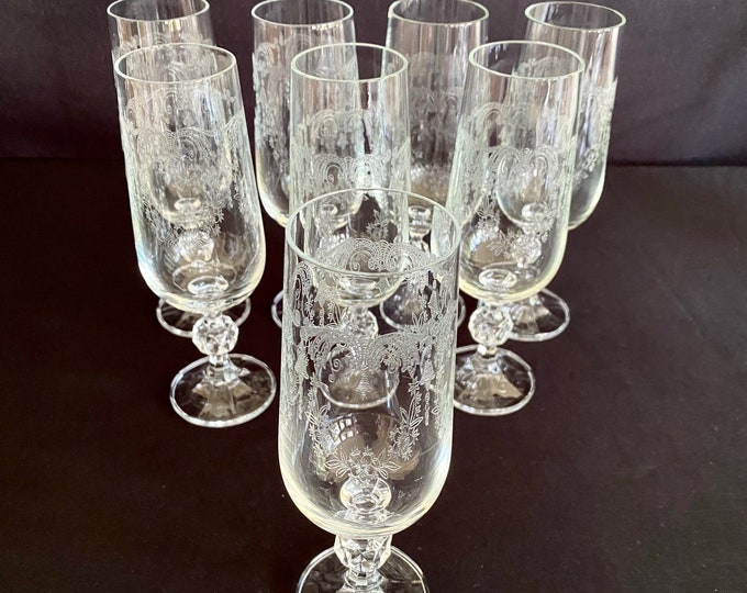 Set of 8 Etched Crystal Champagne Flutes Faceted Ball Stem Bohemian ...