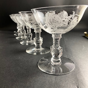 Heisey Rose Tall Champagne Coupes Set of 7 Etched Rose Molded Rose Stem ...