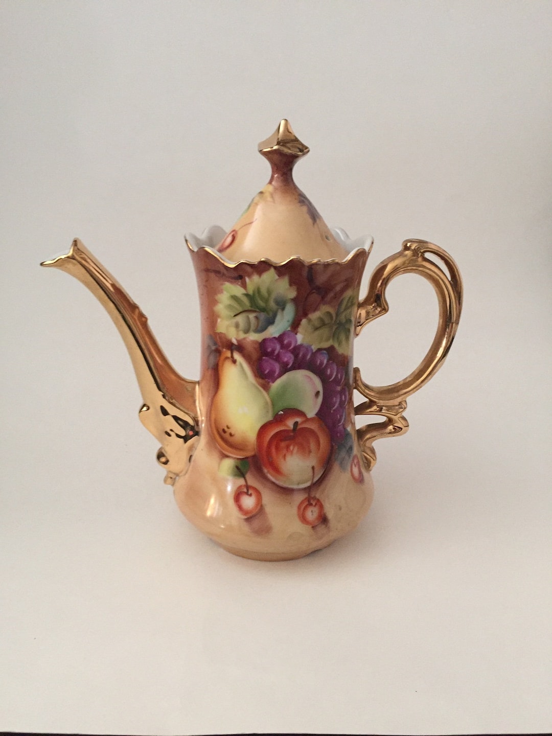 Lefton Tall Coffee Pot Teapot Heritage Brown Fruit Gold Handle and ...