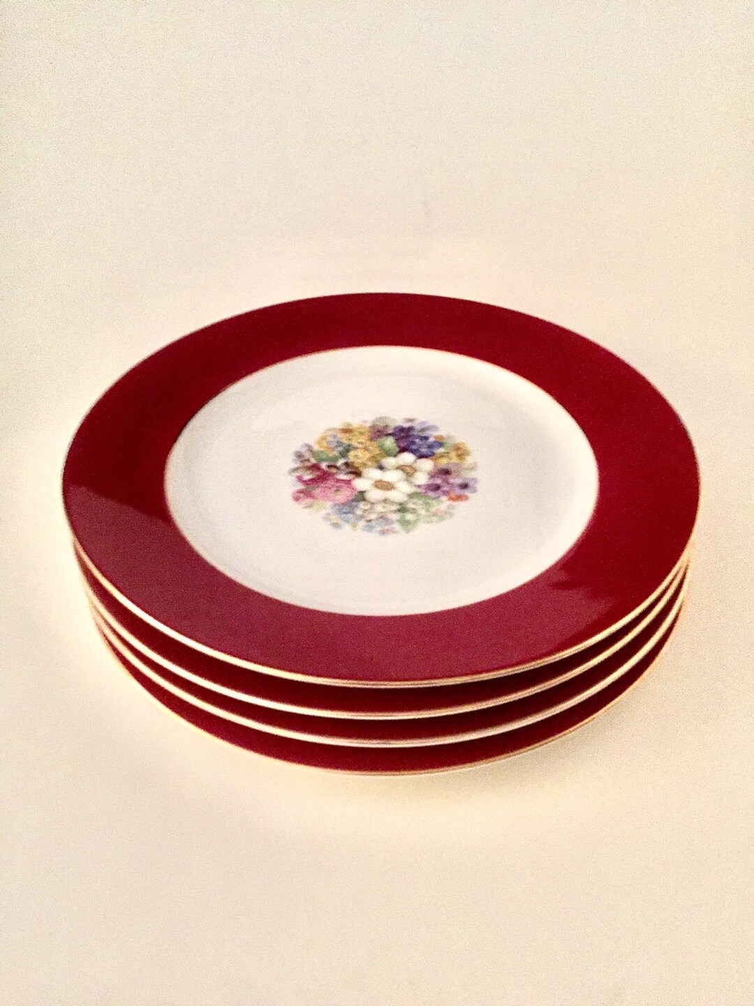 Set of 4 Dinner Plates Thomas Thames Bavaria Early 1900's Deep Red Rim ...