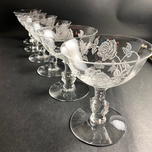 Heisey Rose Tall Champagne Coupes Set of 7 Etched Rose Molded Rose Stem ...