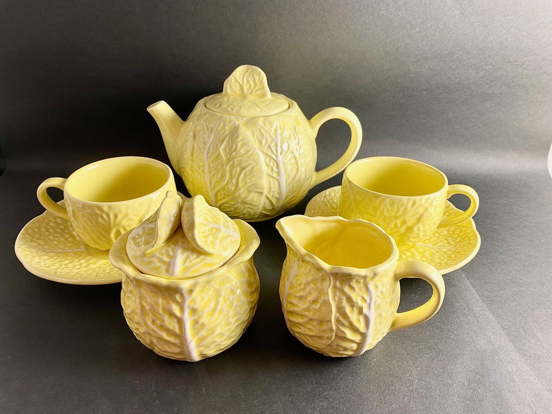 Yellow Cabbage Tea Set Teapot Creamer Covered Sugar Bowl 2 Cups and ...