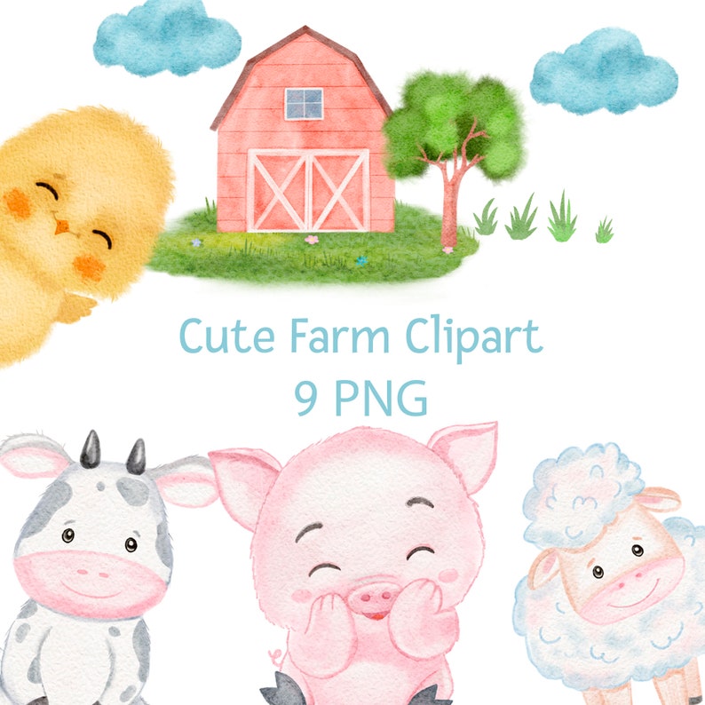 Watercolor Farm Animals Clipart, Cute Farm Png, Watercolor Digital ...