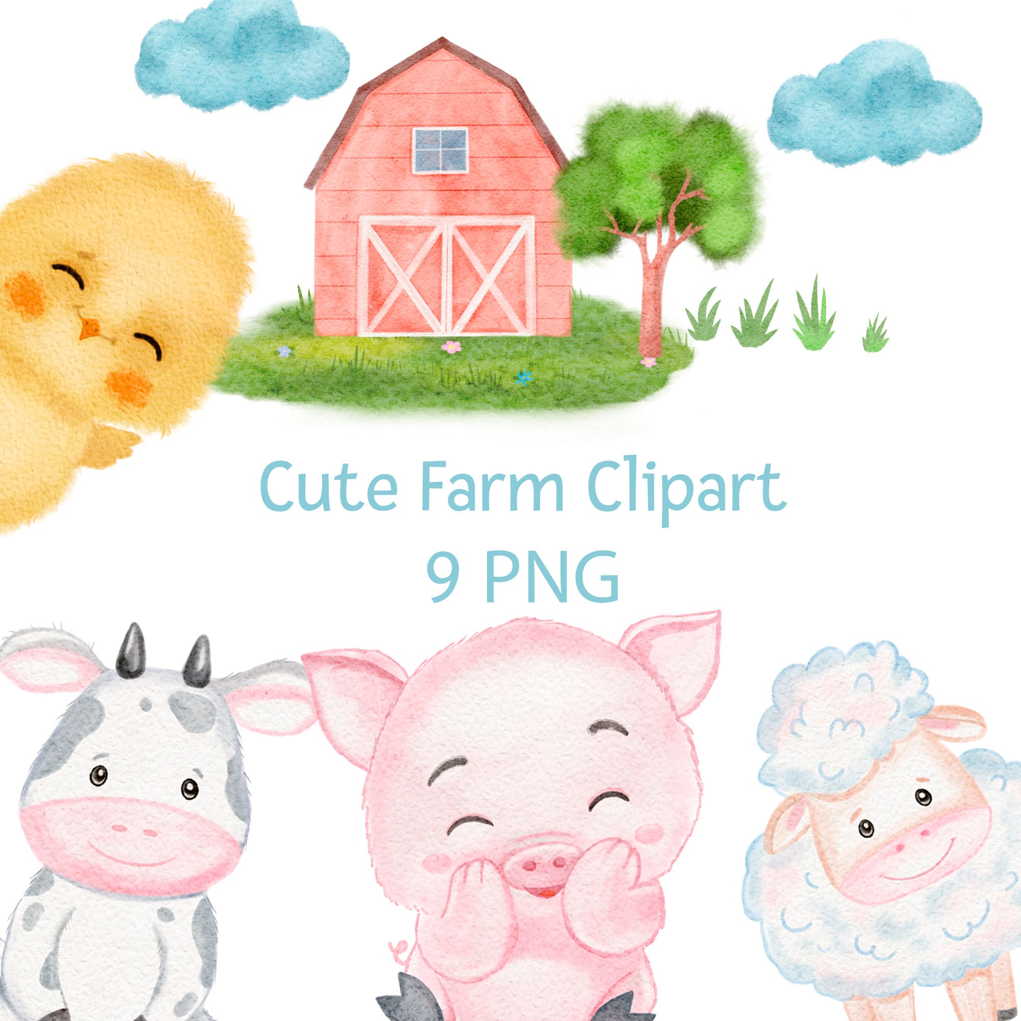 Watercolor Farm Animals Clipart, Cute Farm Png, Watercolor Digital ...