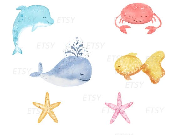 Marine Animals Clipart, Watercolor Ocean Clipart, Cute Sea Animals ...