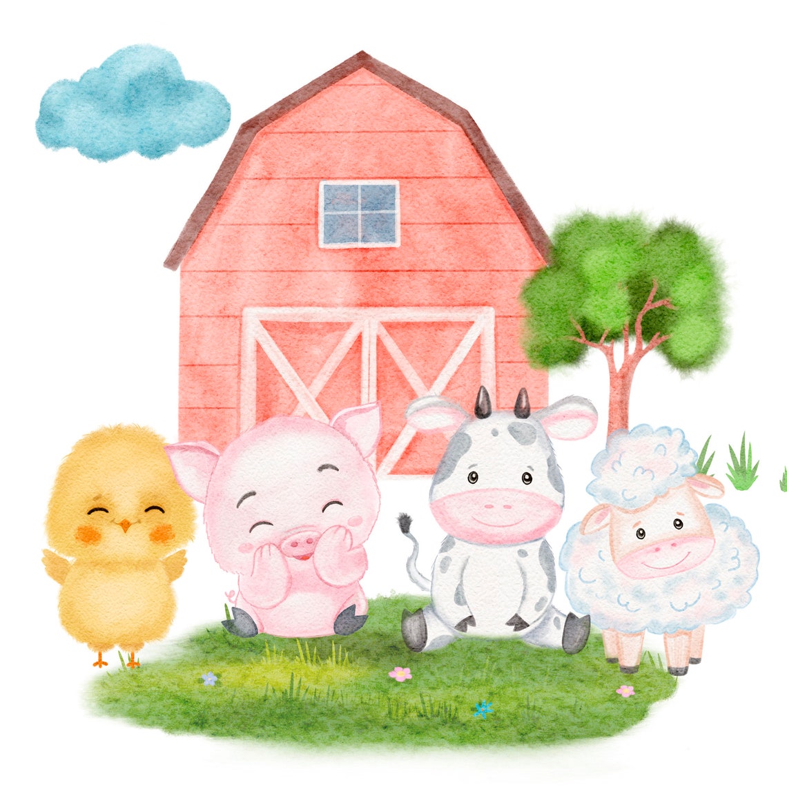 Watercolor Farm Animals Clipart, Cute Farm Png, Watercolor Digital ...