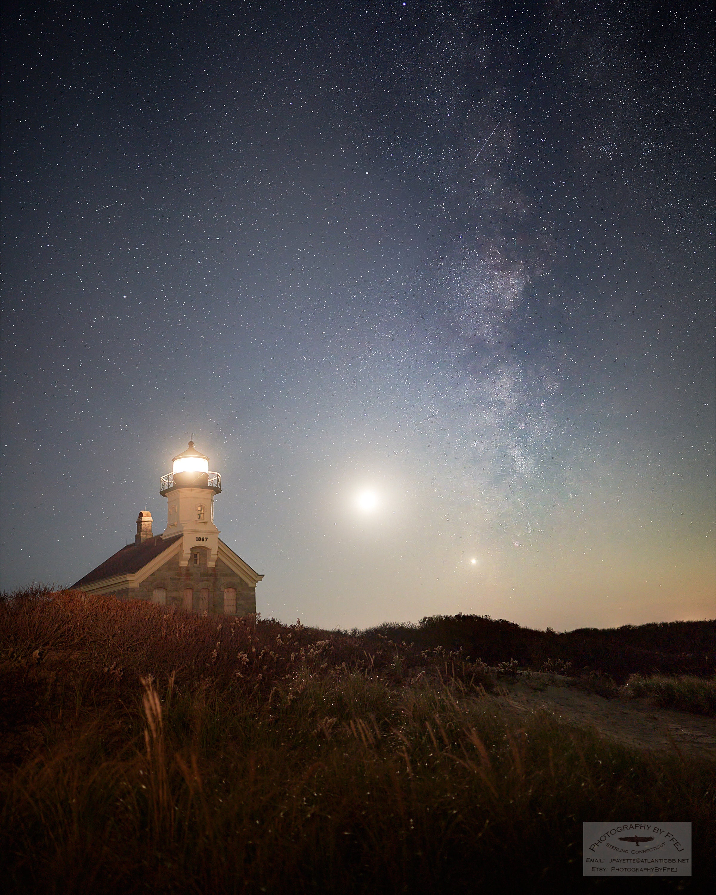 Milky Way With Shooting Star and Moon Over the North Light Lighthouse ...