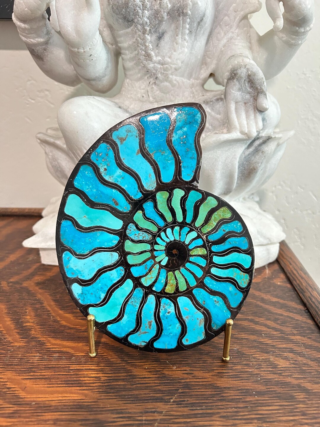 Large Ammonite With Turquise Inlay, Hand Made Ammonite Sculpture With ...
