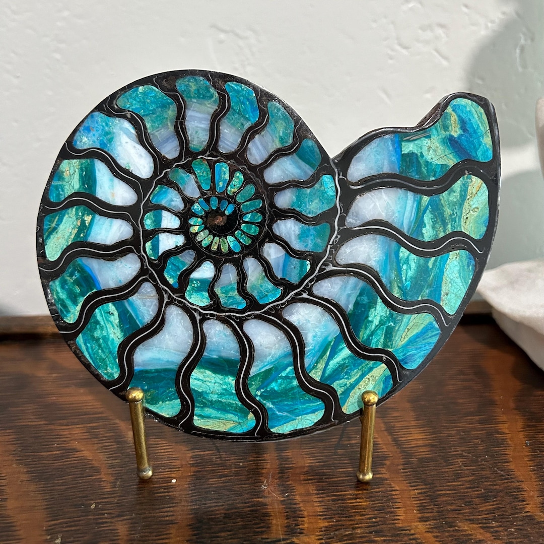 Large Ammonite With Blue Opal Inlay, Hand Made Ammonite Sculpture With ...
