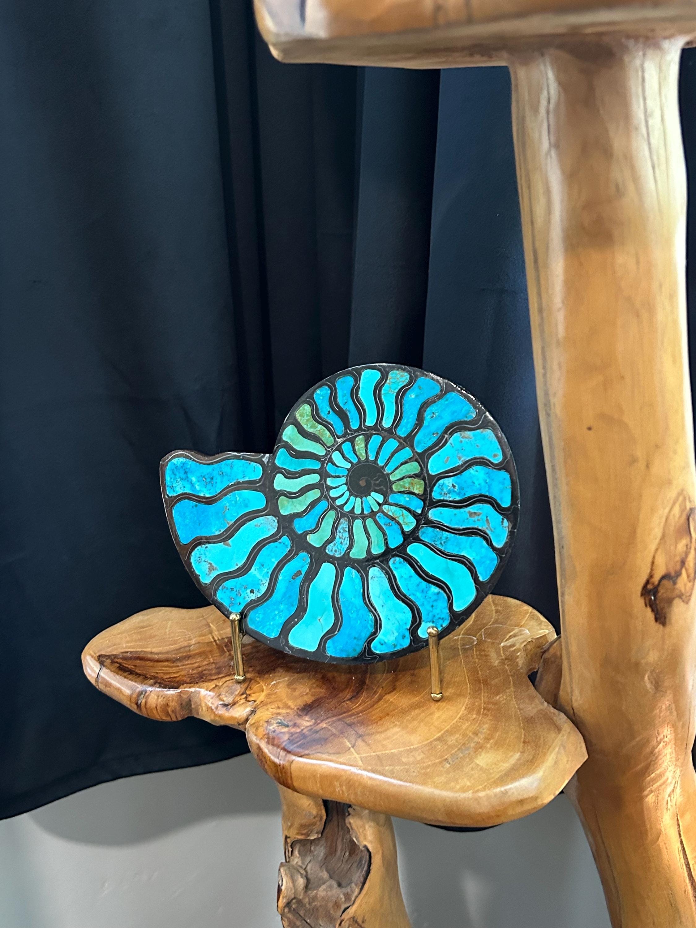 Large Ammonite With Blue Opal Inlay, Hand Made Ammonite Sculpture With ...