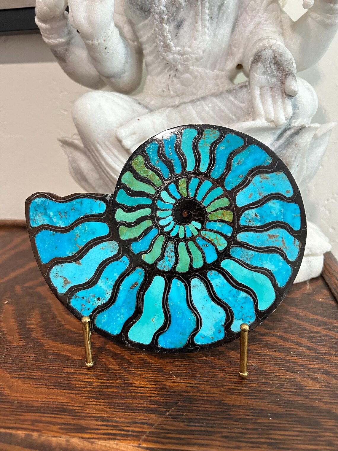 Large Ammonite With Turquise Inlay, Hand Made Ammonite Sculpture With ...