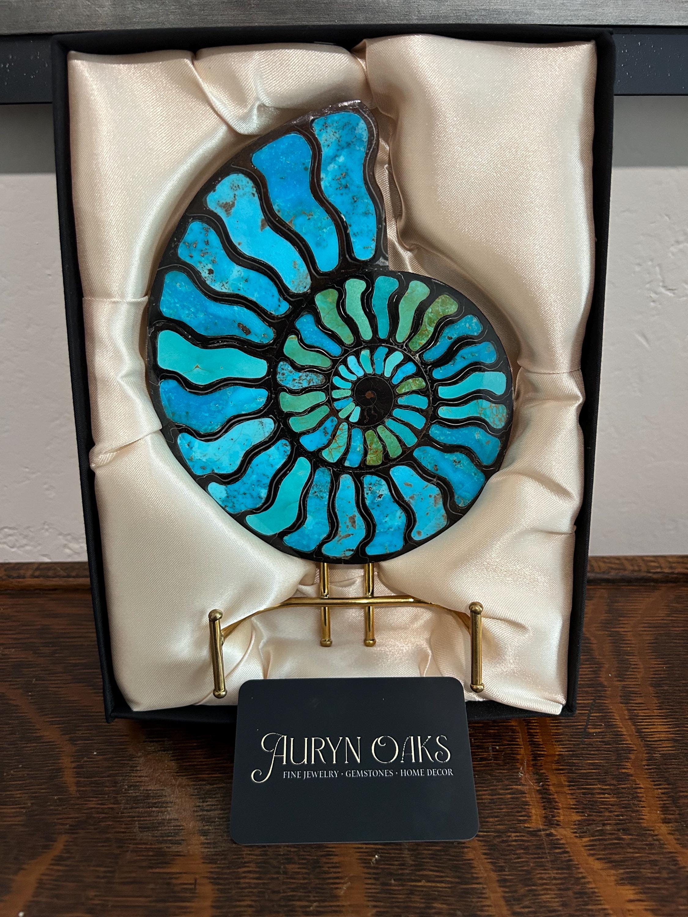 Large Ammonite With Turquise Inlay, Hand Made Ammonite Sculpture With ...