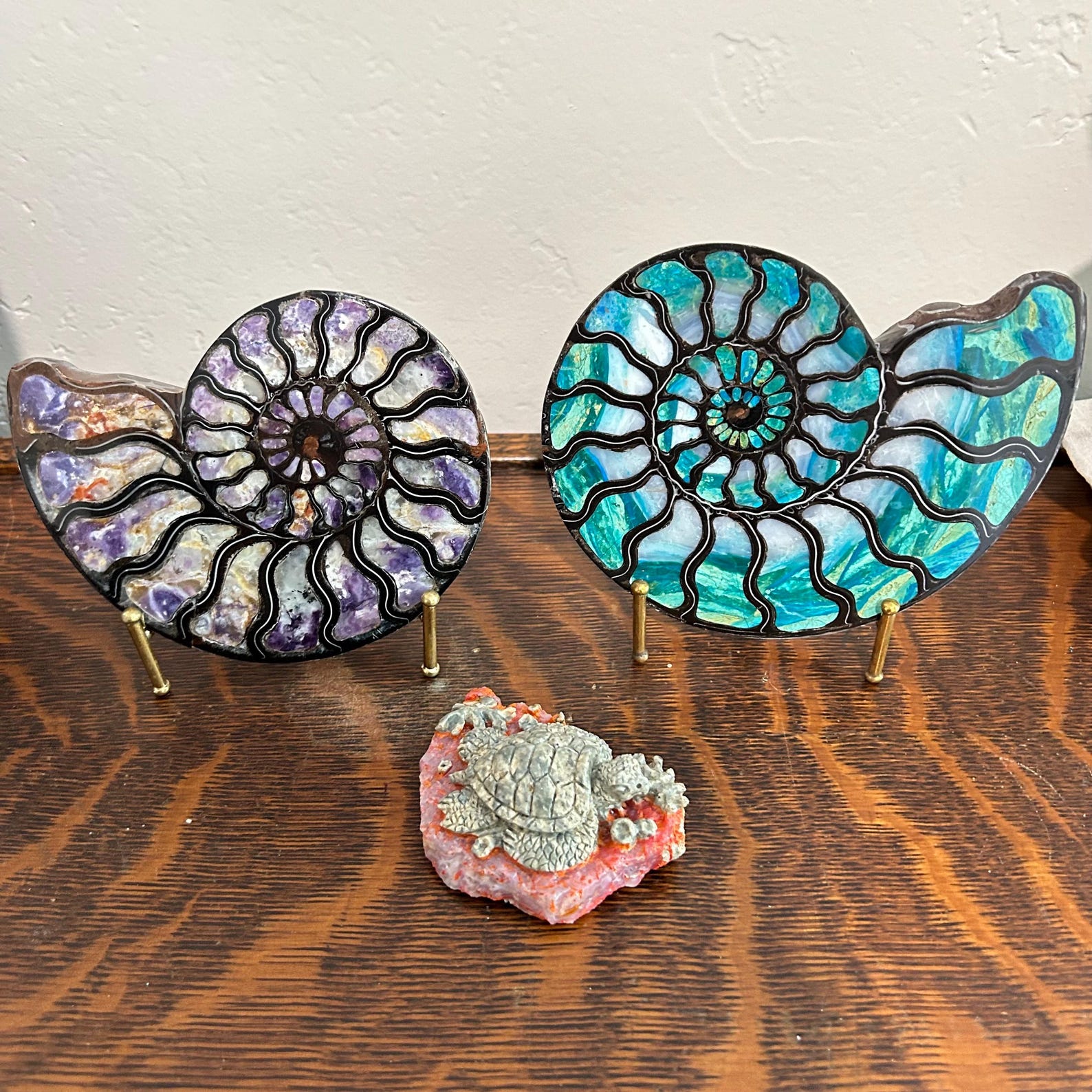 Large Ammonite With Turquise Inlay, Hand Made Ammonite Sculpture With ...