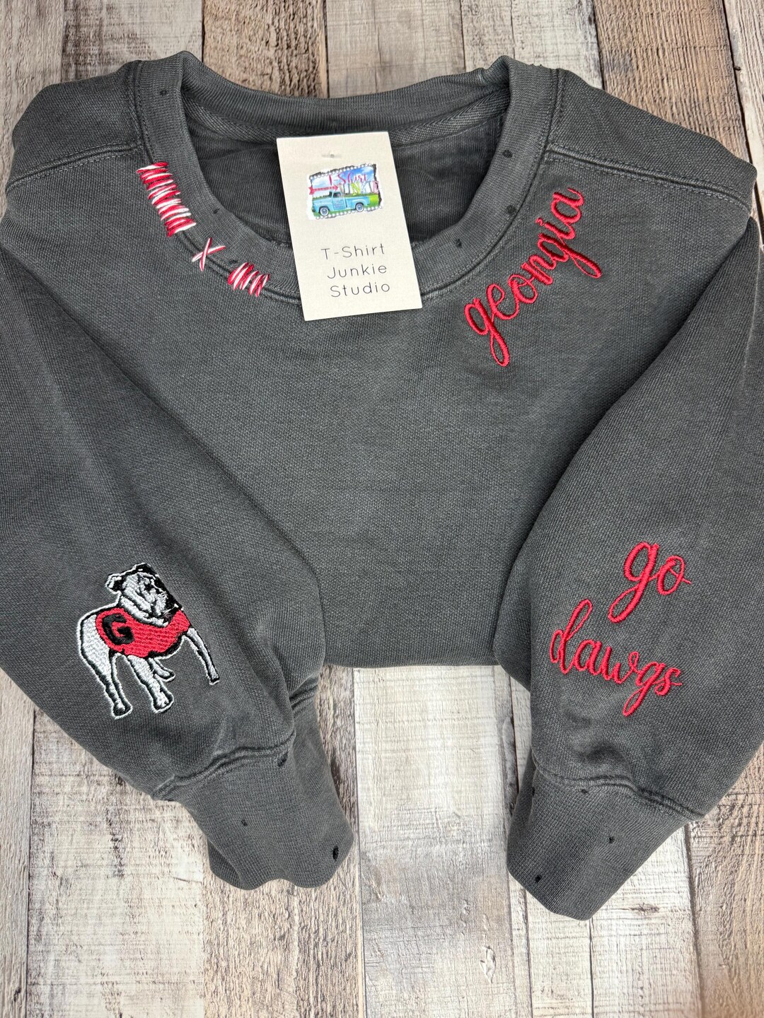 Go Dawgs Football Vintage Custom Embroidered Hand Distressed Crew Neck ...