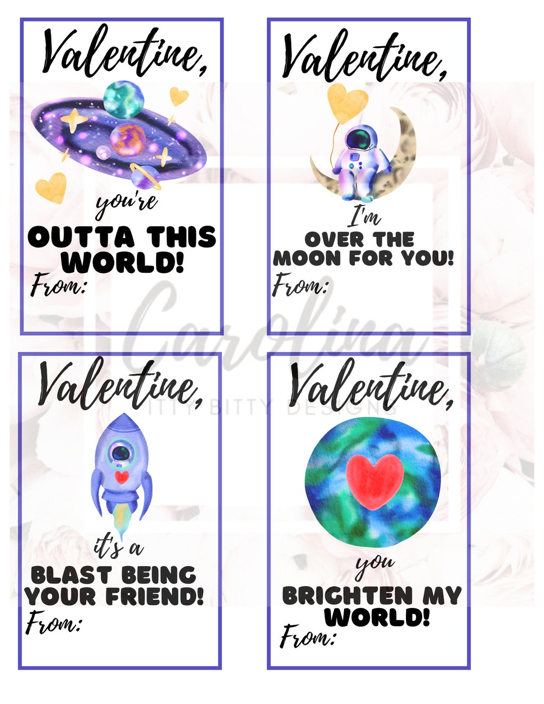 Outer Space Astronaut Earth Valentine Kids Cards // Valentine Card ...