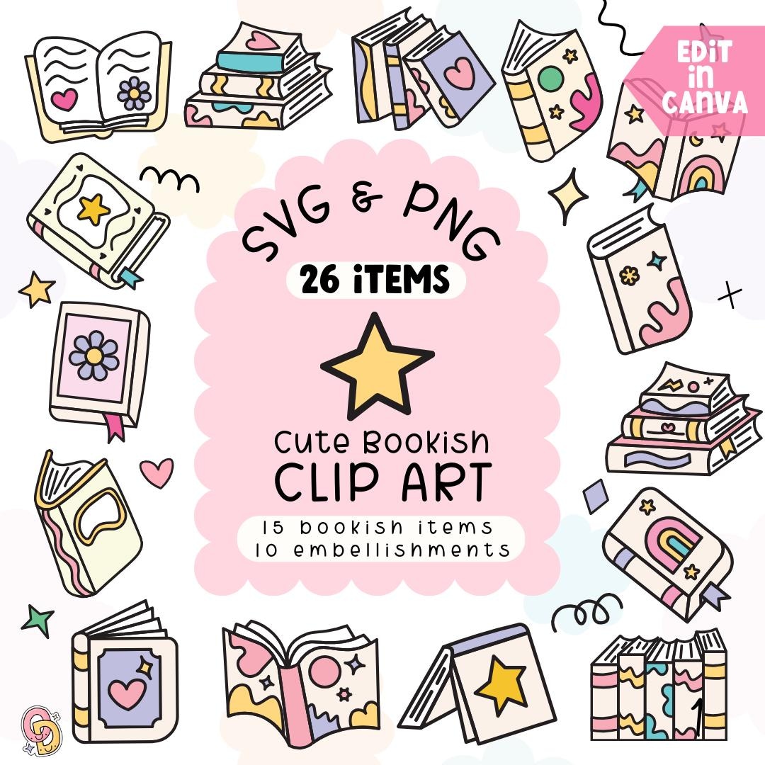 Cute Book Clipart | 26 Bookish SVG & PNG Digital Download | Change ...
