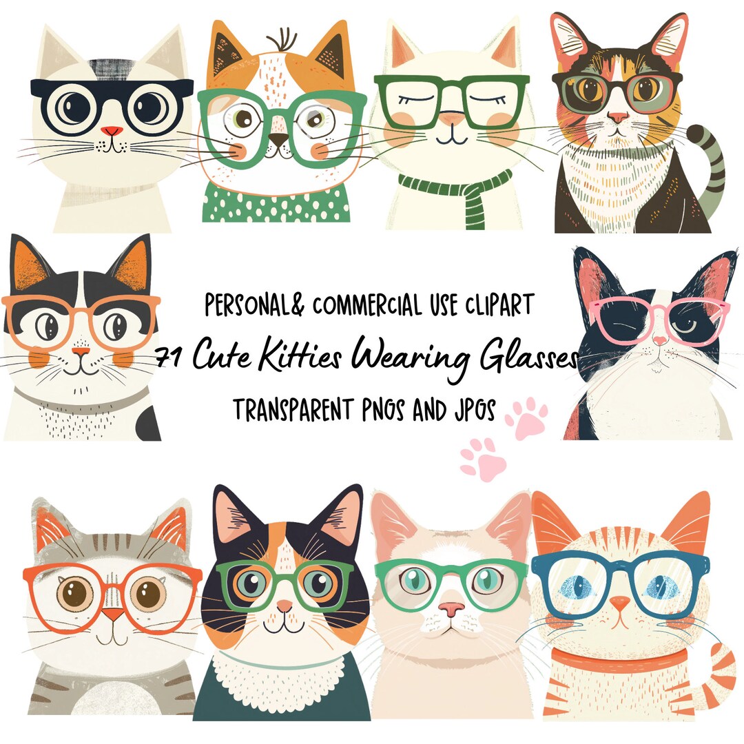 Cute Cats Kitties Wearing Glasses Clipart|71 High-quality PNG and JPG ...