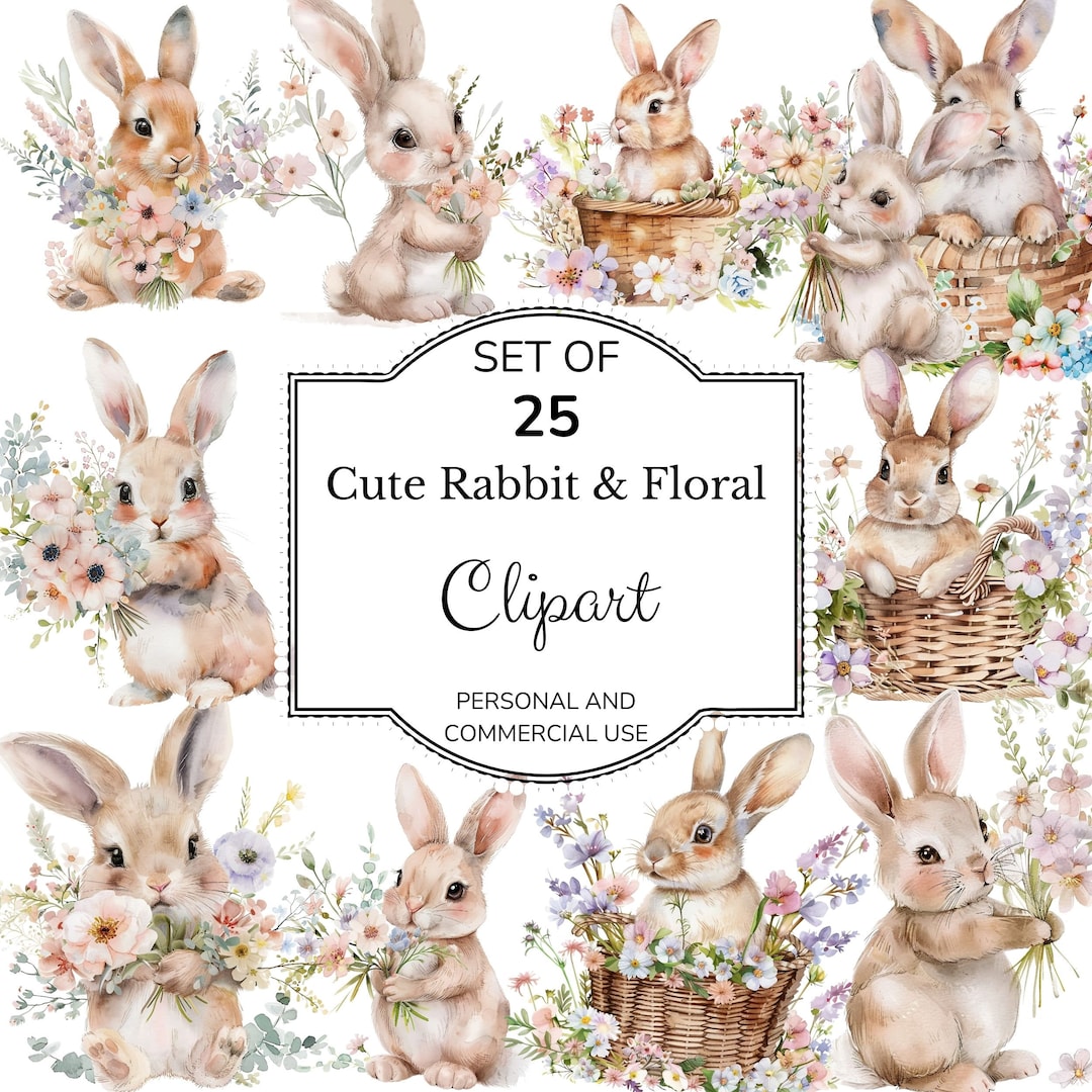 Cute Rabbit & Floral Watercolor Bunny Easter Clipart, 25 High ...