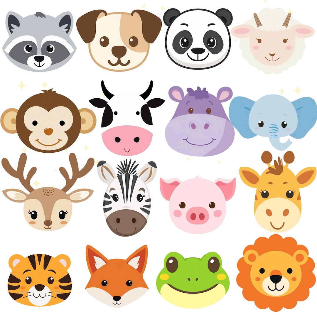 Cute Animal Face Clipart Collection 60 PCS PNG & JPG| Baby Animal Head ...