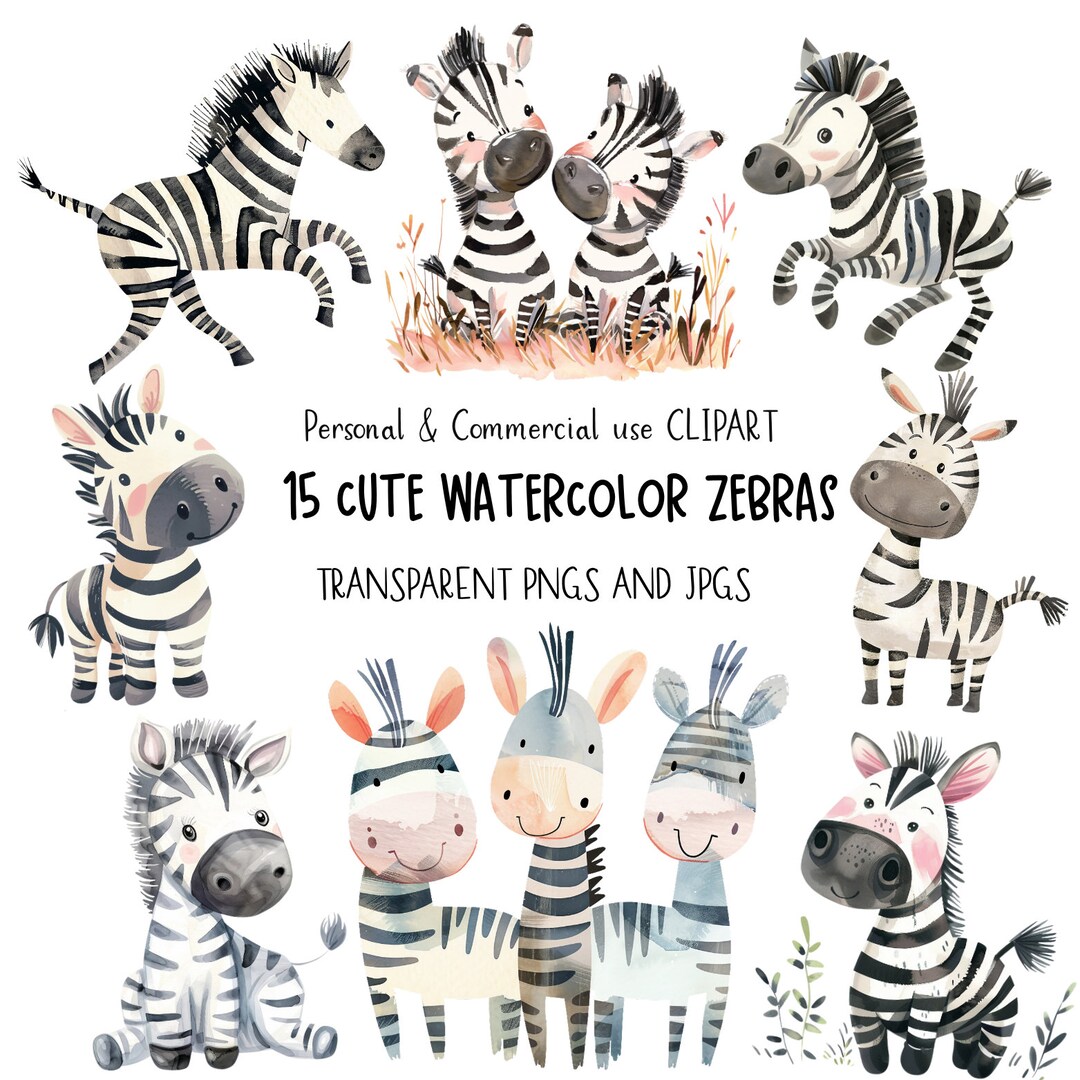 Cute Watercolor Zebra Animal Clipart|15 High-quality Pngs and Jpgs ...