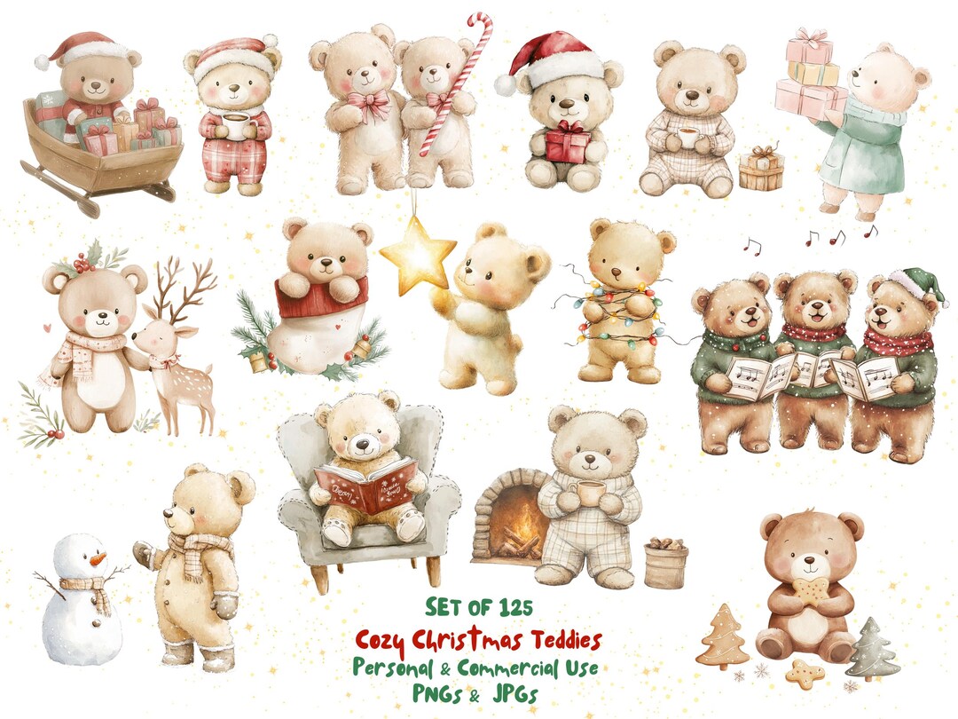 Watercolor Christmas Clipart | Christmas Teddy Bear Clipart | Cozy ...