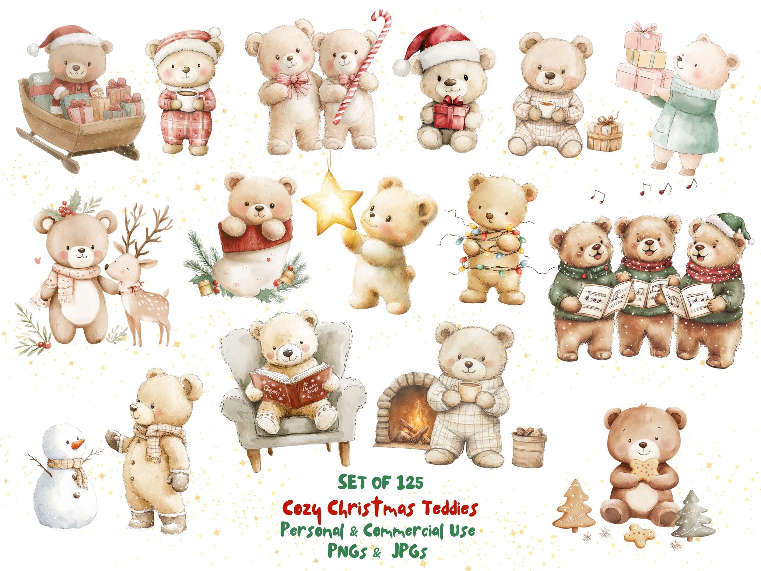Watercolor Christmas Clipart | Christmas Teddy Bear Clipart | Cozy ...