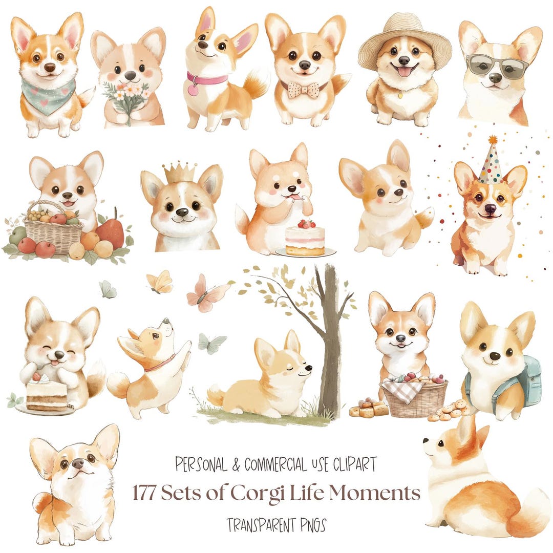 Cute Corgi Clipart Bundle | Watercolor Corgi Clipart L Cute Dog Clipart ...