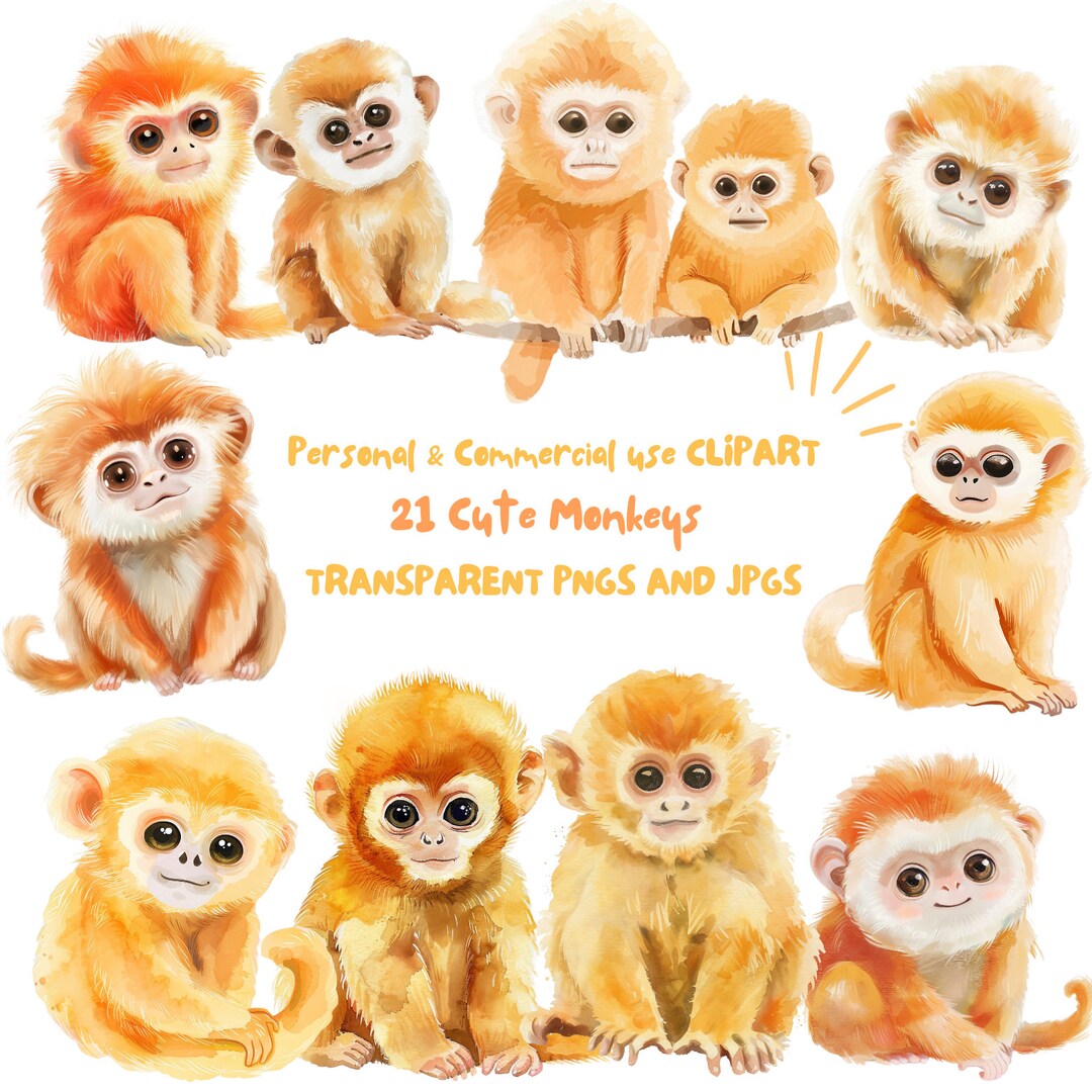 Watercolor Cute Monkey Clipart|golden Monkey Nursery Clipart, Crafts ...
