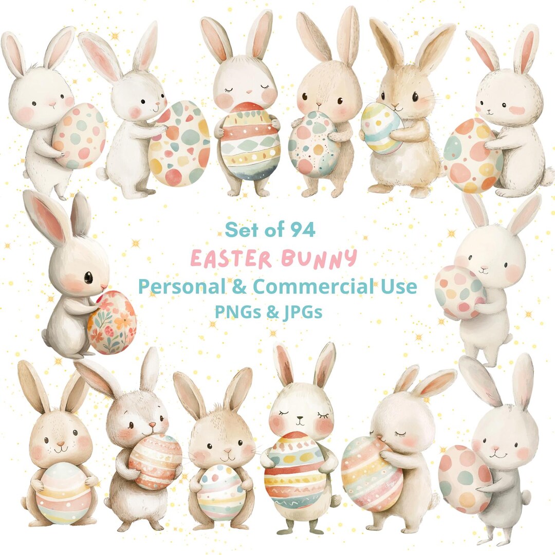 Watercolor Easter Bunny Clipart | Easter Egg Clipart | Cute Bunny ...