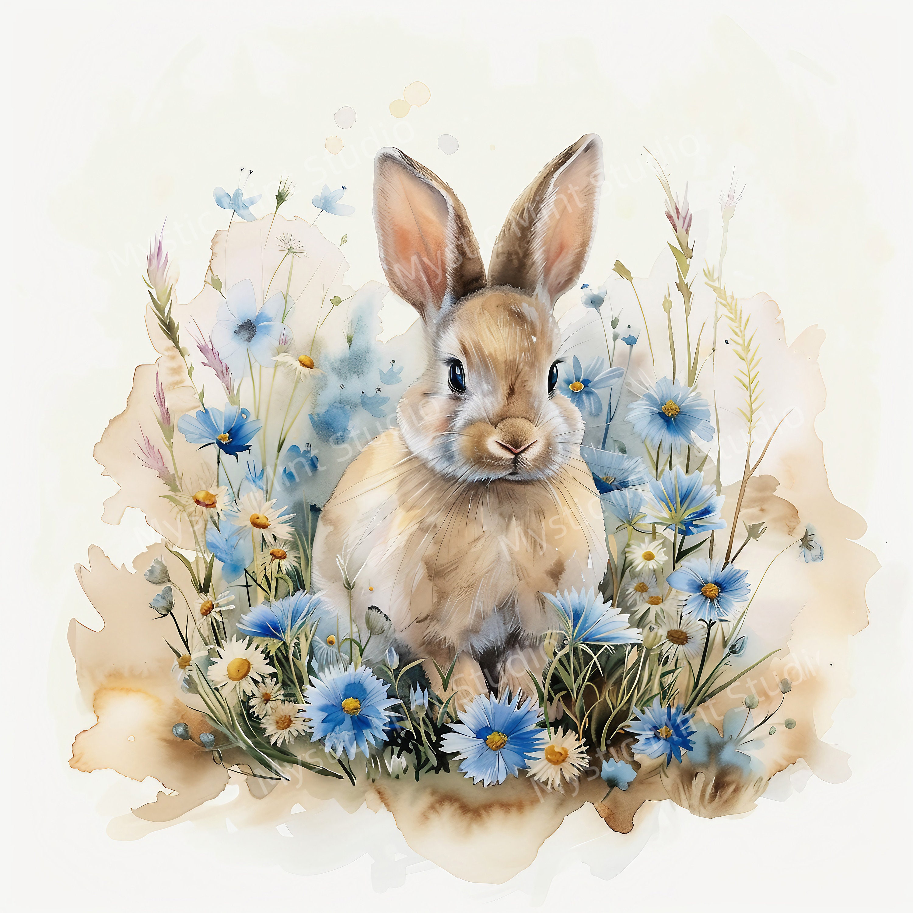 Cute Rabbit & Floral Watercolor Clipart, 24 High-resolution Jpgs ...
