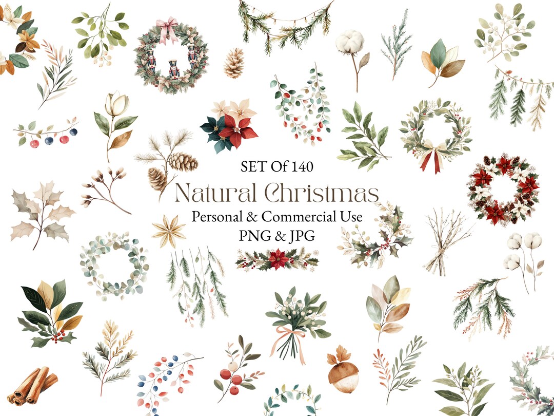 Watercolor Botanical Christmas Clipart | Greenery Christmas Clipart ...