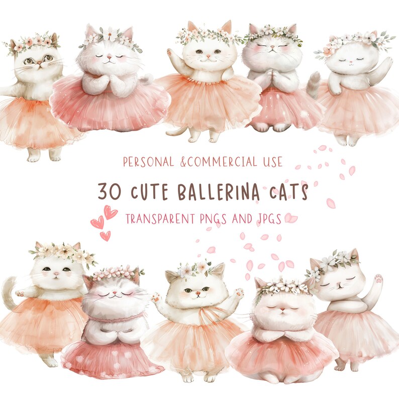 Ballerina Cats Watercolor Cute Cat Kitties in Tutus Clipart|30 High ...