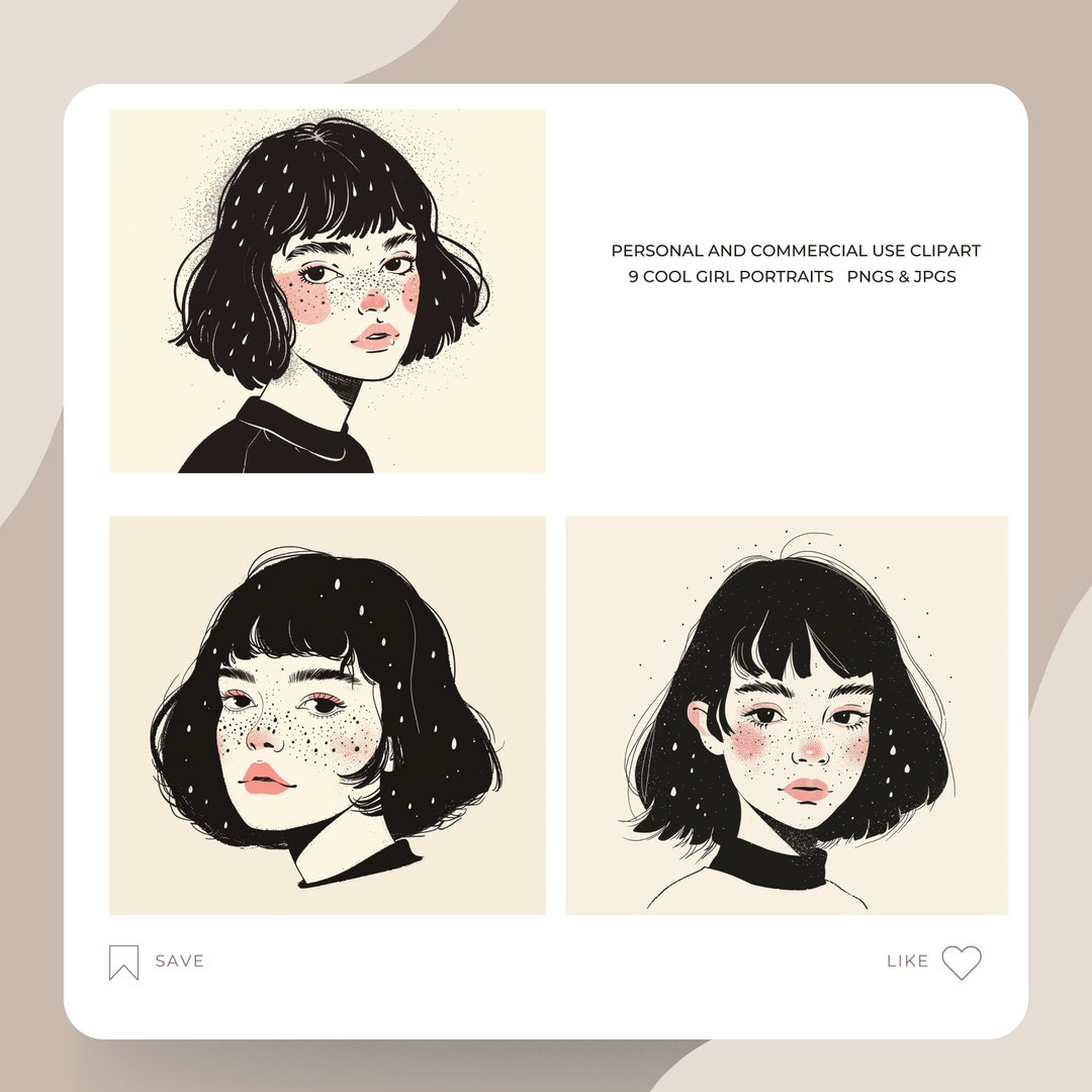 9 Portraits of a Cool Girl With Freckles and in Bob Hairstyle Pngs and ...