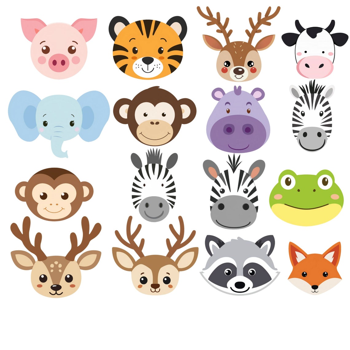 Cute Animal Face Clipart Collection 60 PCS PNG & JPG Baby Animal Head ...