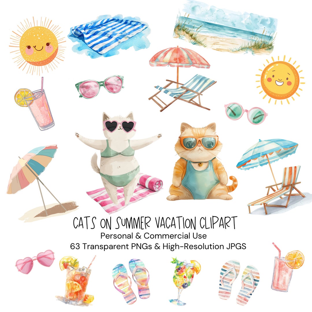 Summer Cats Beach Watercolor Cute Cat Kitties Clipart|63 High-quality ...