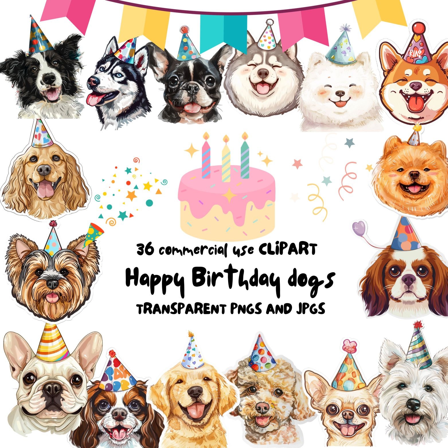 Birthday Dog Breeds Clipart Bundle,dogs Party Clipart, Watercolor ...